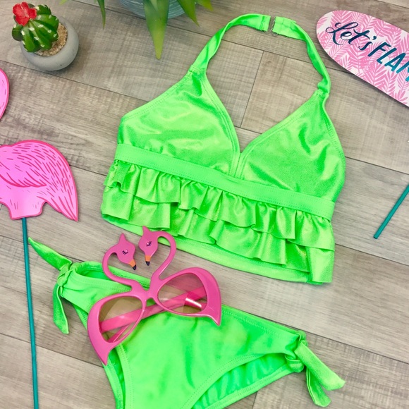 OP | Swim | Op Kids Neon Green Sparkle Ruffle Bikini Size S | Poshmark